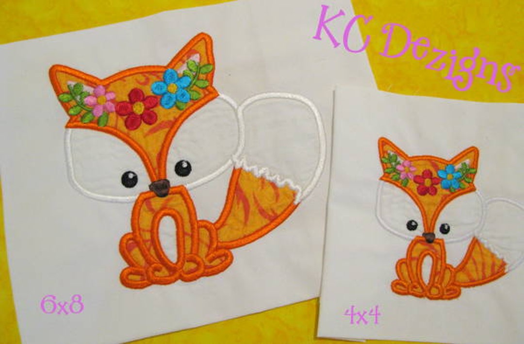 Baby Fox With Flowers Machine Applique Embroidery Design - Baby Fox ...