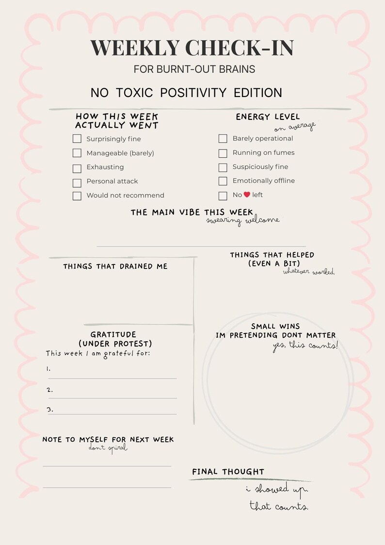 Weekly Check-in Printable for Burnt-out Brains | No Toxic Positivity ...