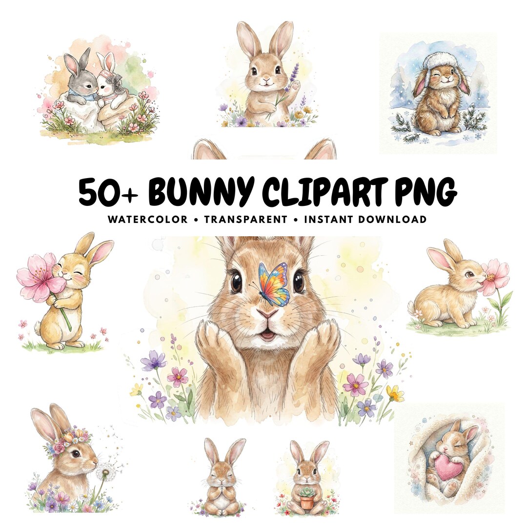 Whimsical Bunny Clipart Bundle, Easter Bunny, 50+ High Resolution PNG ...