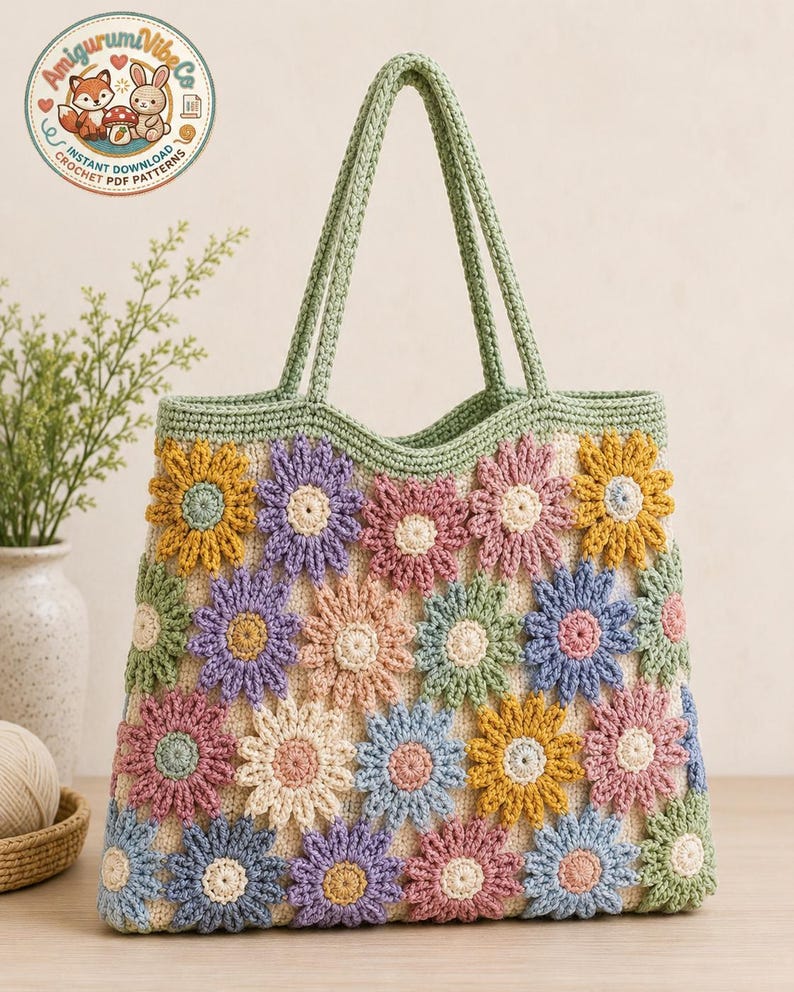 Crochet Flower Tote Bag Pattern, Boho Granny Square Purse Tutorial (PDF ...
