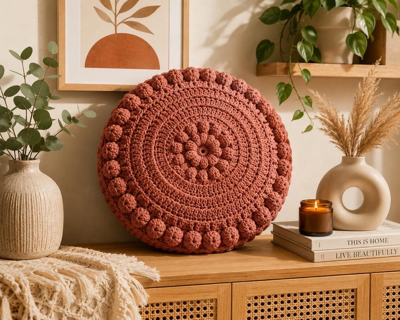 Round Crochet Cushion Pattern | Beginner Boho Pillow Tutorial (PDF ...