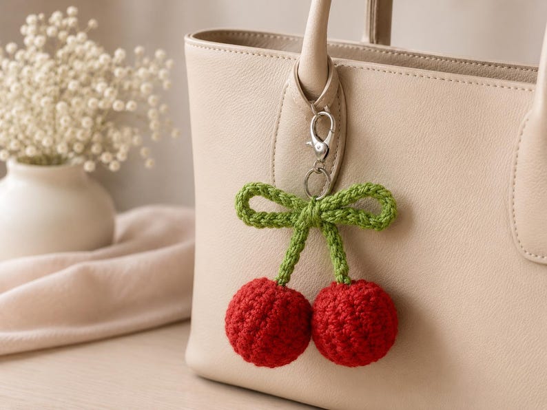 Crochet Cherry Keychain Pattern, Amigurumi Bag Charm Tutorial (PDF ...