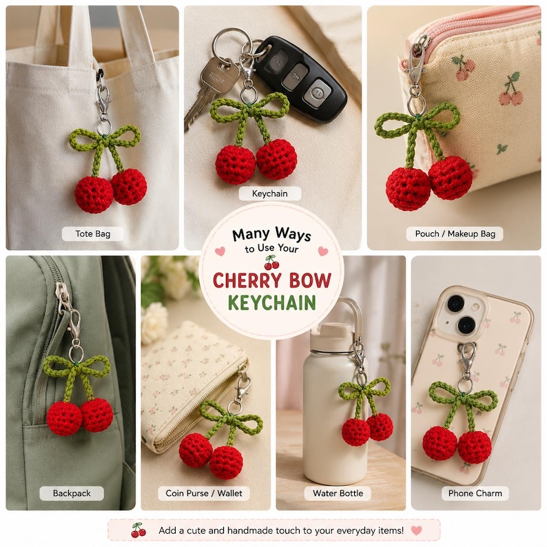 Crochet Cherry Keychain Pattern, Amigurumi Bag Charm Tutorial (PDF ...