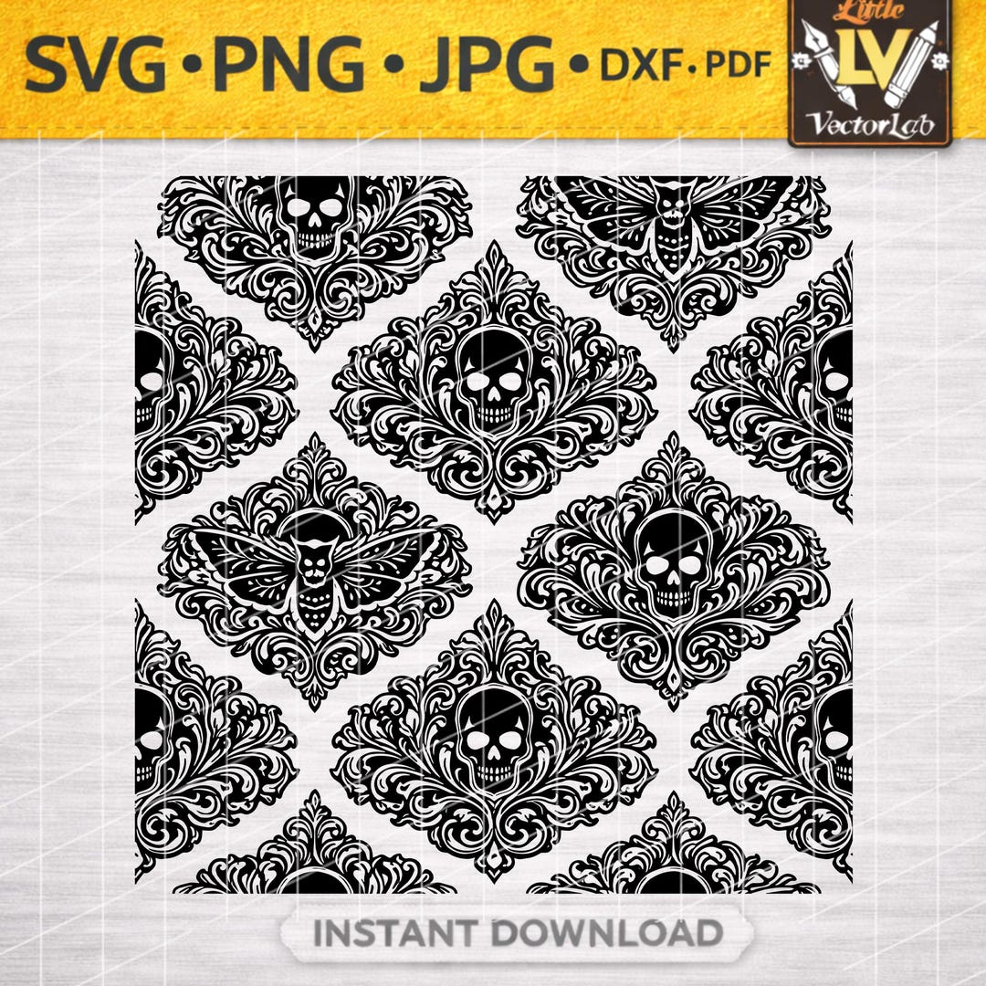 Gothic Skull and Moth Seamless Pattern | Skull Damask Digital Paper ...