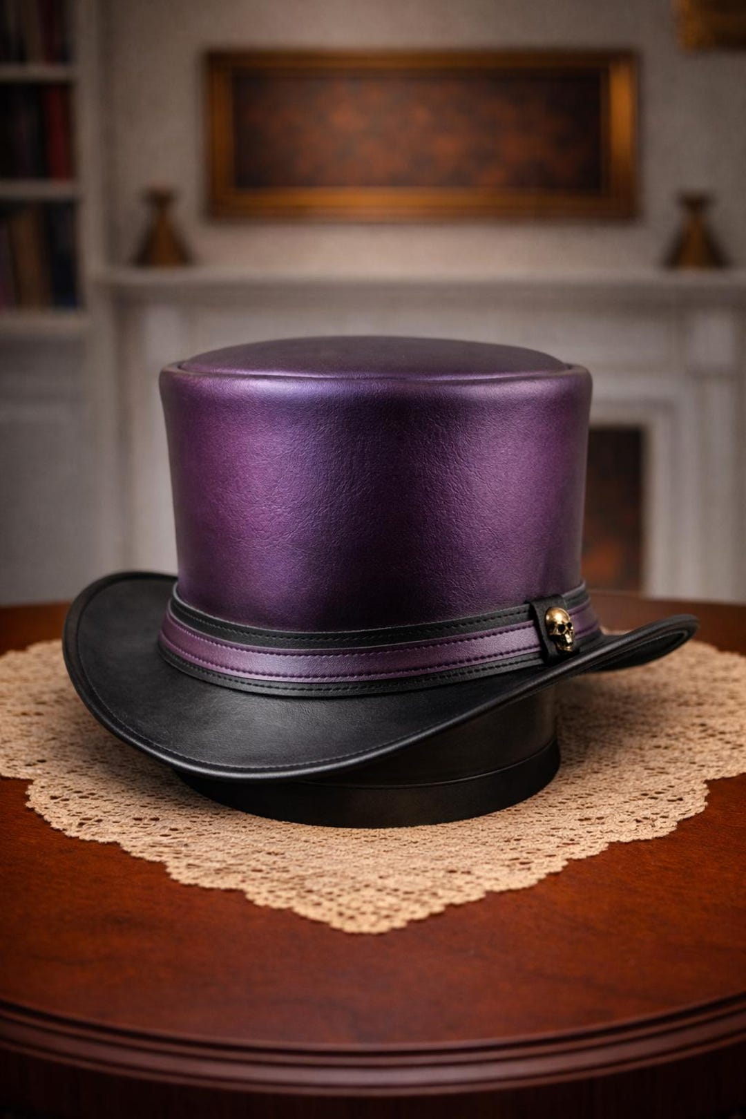 Handmade Geniune Leather Purple Top Hat With Skull – Gothic Victorian ...