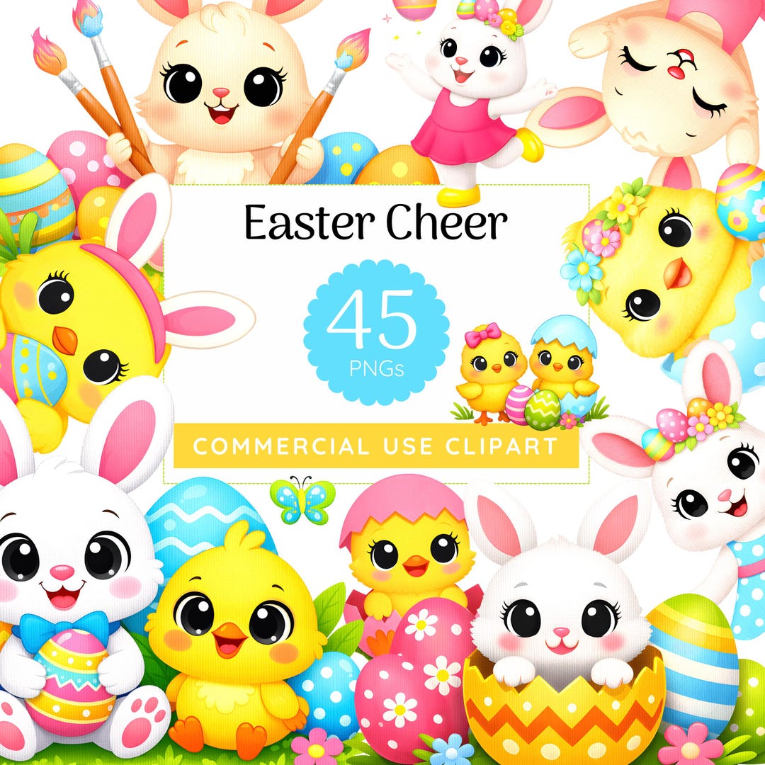 Bright Fun Quirky Easter Clipart Bundle 45 PNG Bunny Chick Easter ...