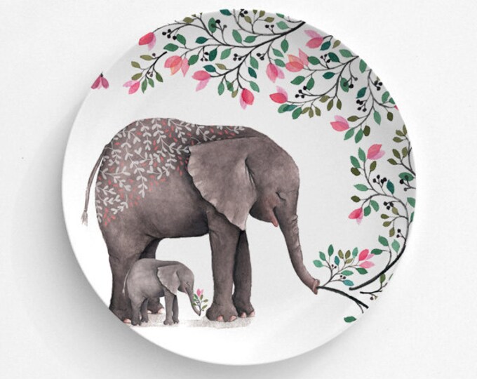 Watercolor Mother and Baby Elephant Floral Plate Elephant Melamine ...