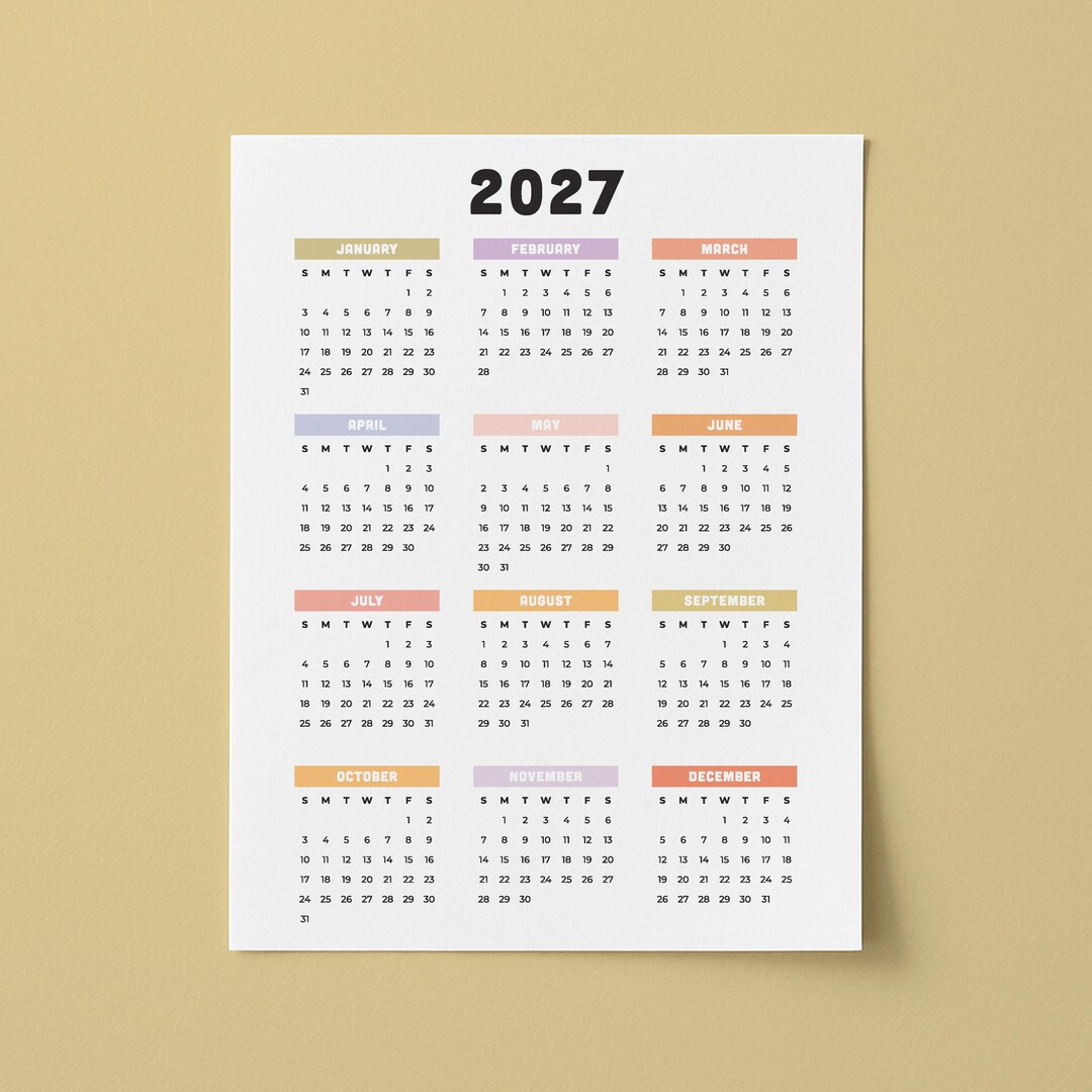 2027 Rainbow Year Calendar: Printable Year at a Glance Planner (A3, A4 ...
