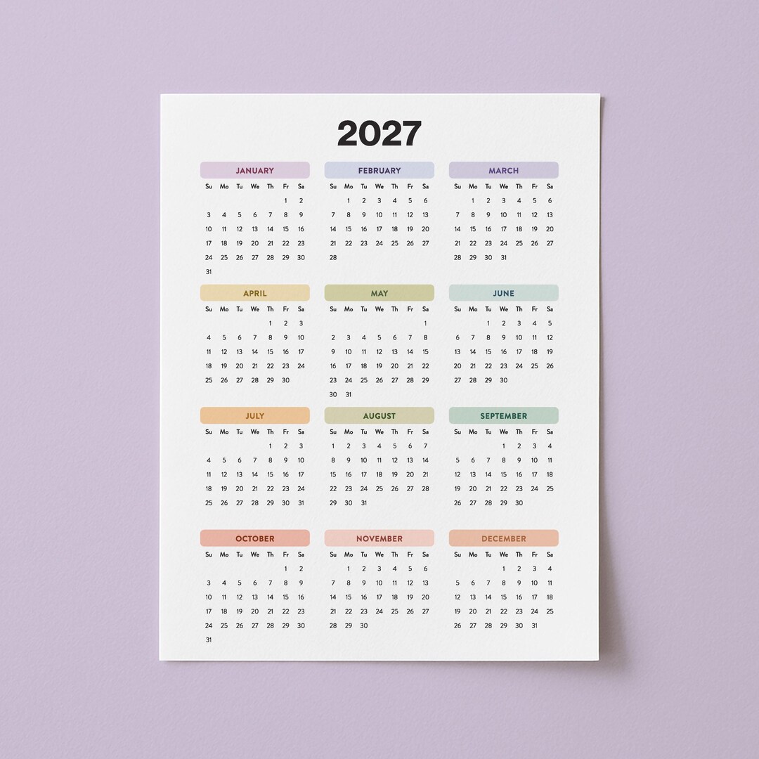 2027 Rainbow Year Calendar: Printable Year at a Glance Planner (A3, A4 ...