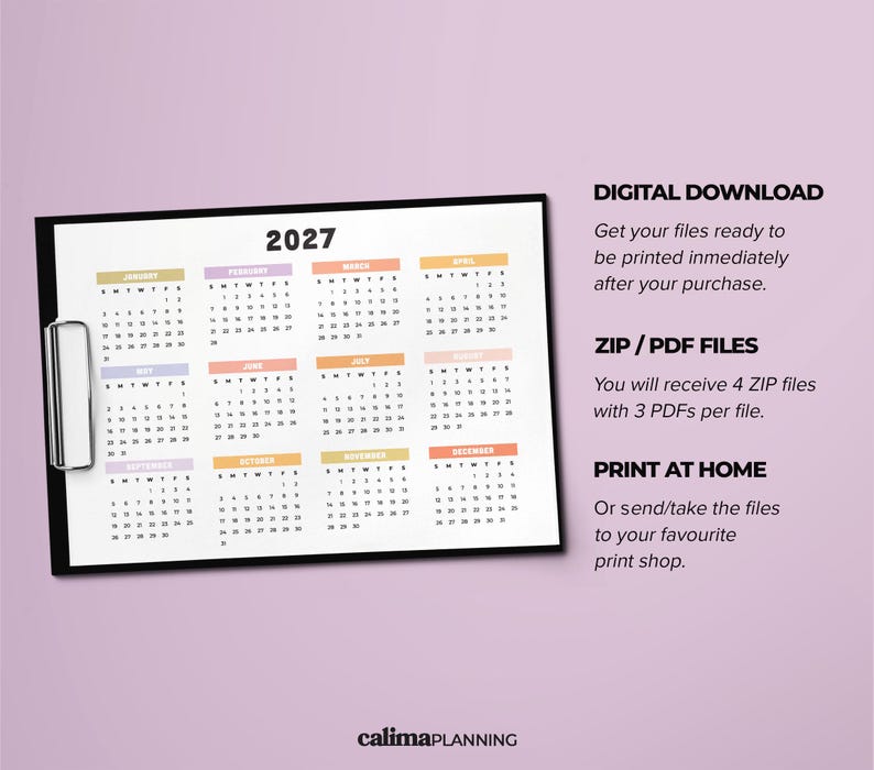 2027 Rainbow Year Calendar: Printable Year at a Glance Planner (A3, A4 ...