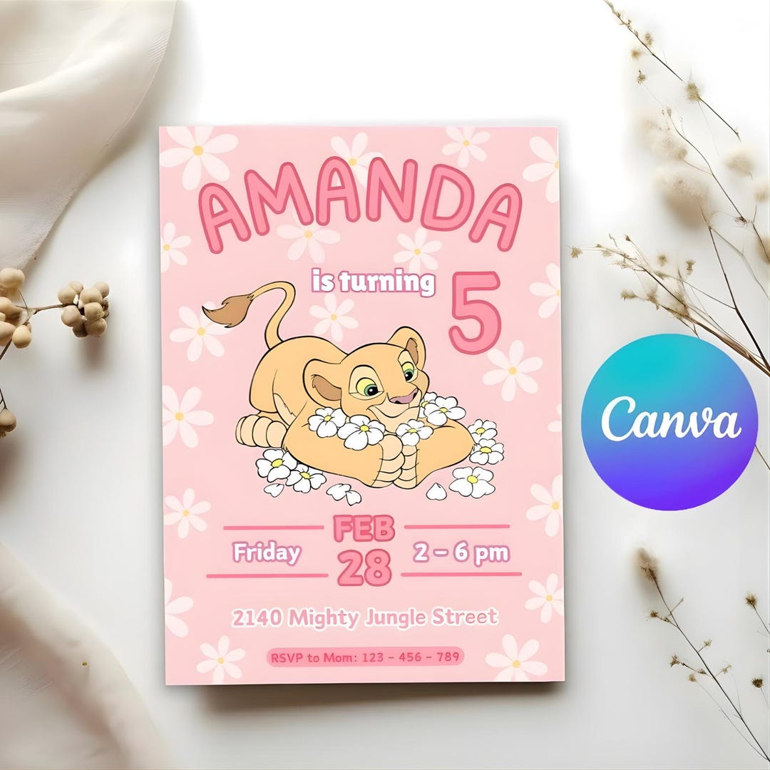 Nala Birthday Party Invitation, Pink Floral Lion Invite for Girls ...
