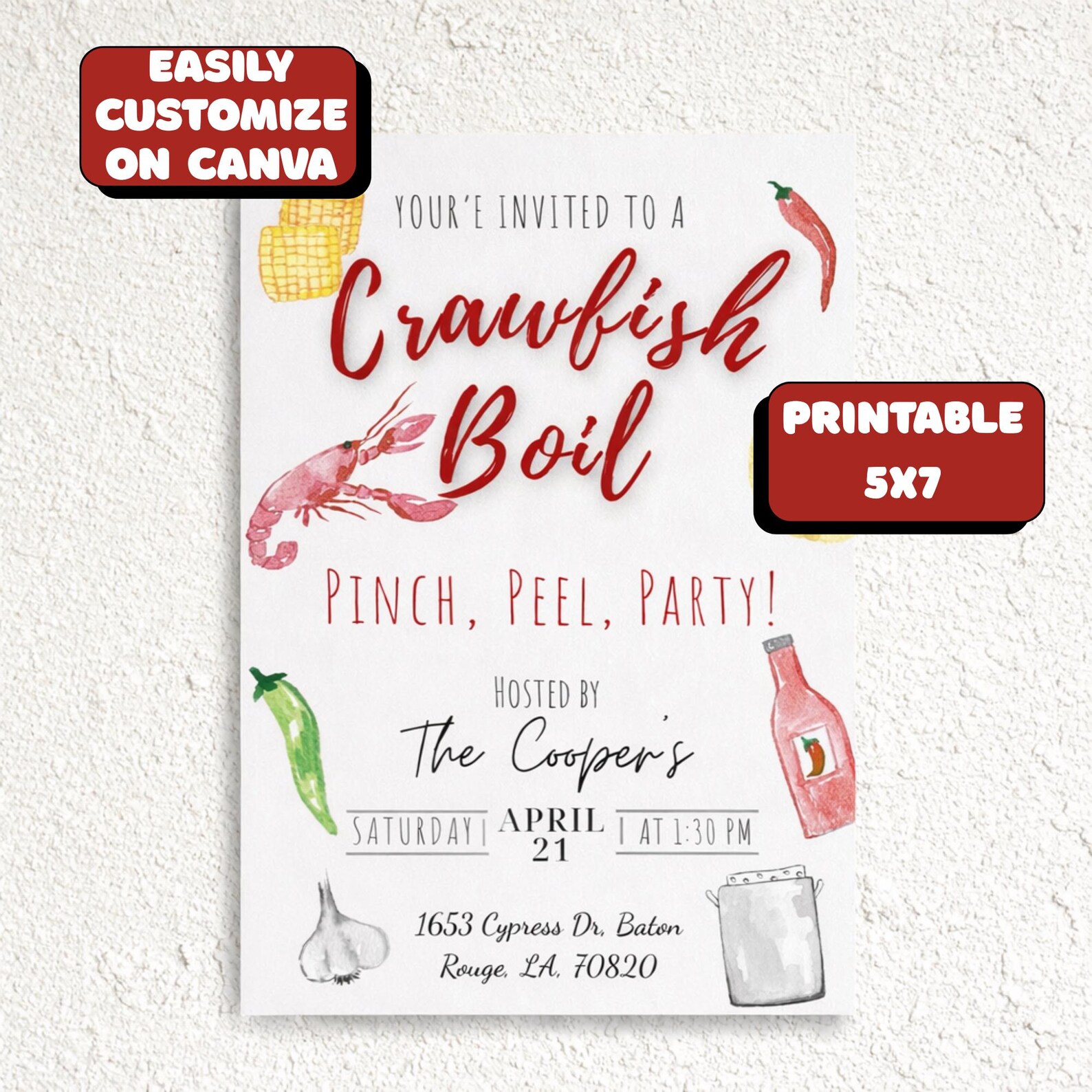 Hand Drawn Crawfish Boil Invitation Template | Water Color Editable ...