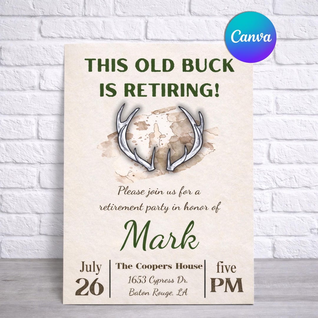 Funny Buck Retirement Party Invitation | Hunting Theme, Editable Canva ...