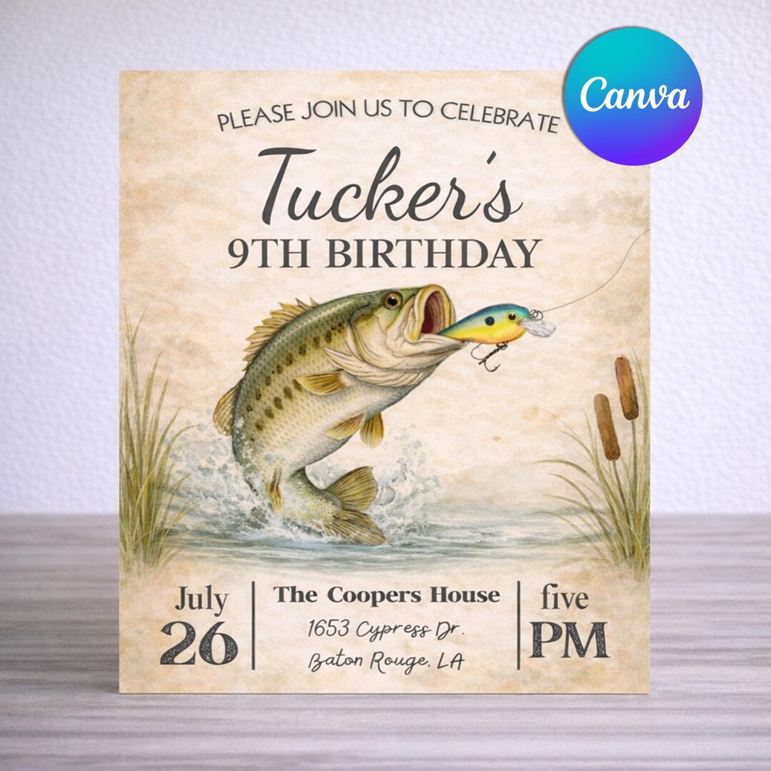 Bass Fishing Birthday Invitation | Editable Canva Template | Boys ...