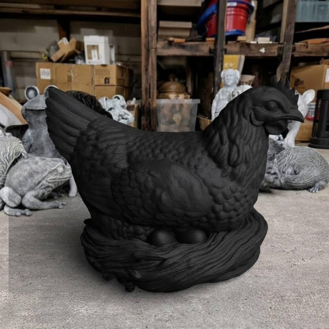 Concrete Chicken Garden Statue Black Stone Hen Figurine Outdoor Statues ...