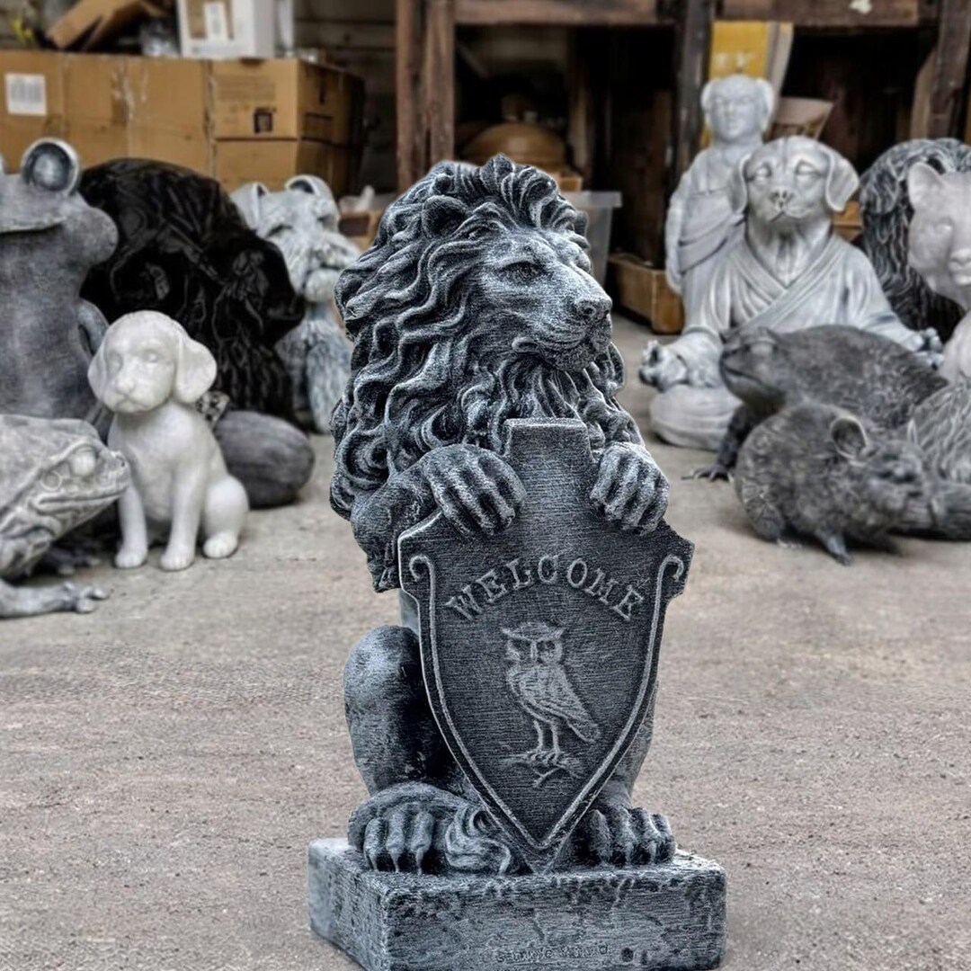 Guardian Lion Statue Concrete Seated Lion Holding Welcome Shield With ...
