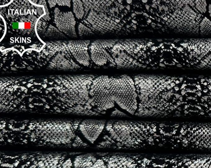 METALLIC SILVER SNAKE Print on Black Soft Italian Goatskin Goat Leather ...