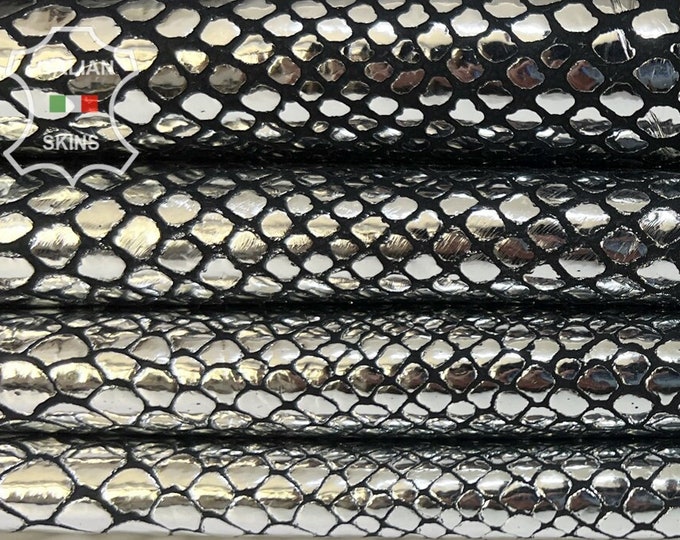 METALLIC SILVER SNAKE Textured Print on Black Italian Goatskin Goat ...