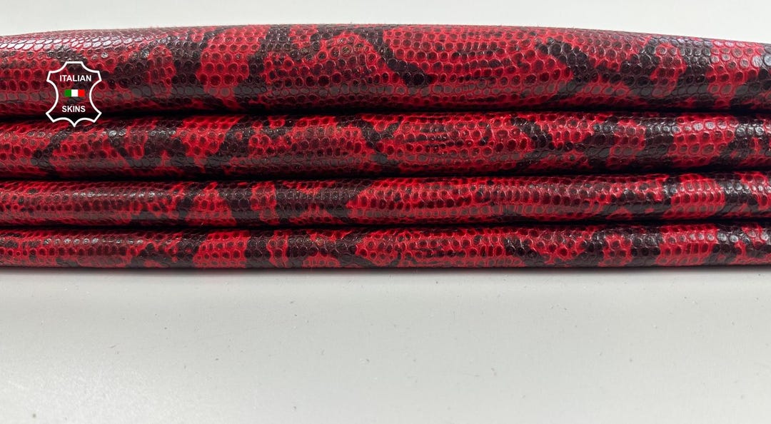 RED PYTHON SNAKE Print on Soft Italian Lambskin Sheep Lamb Leather Hide ...
