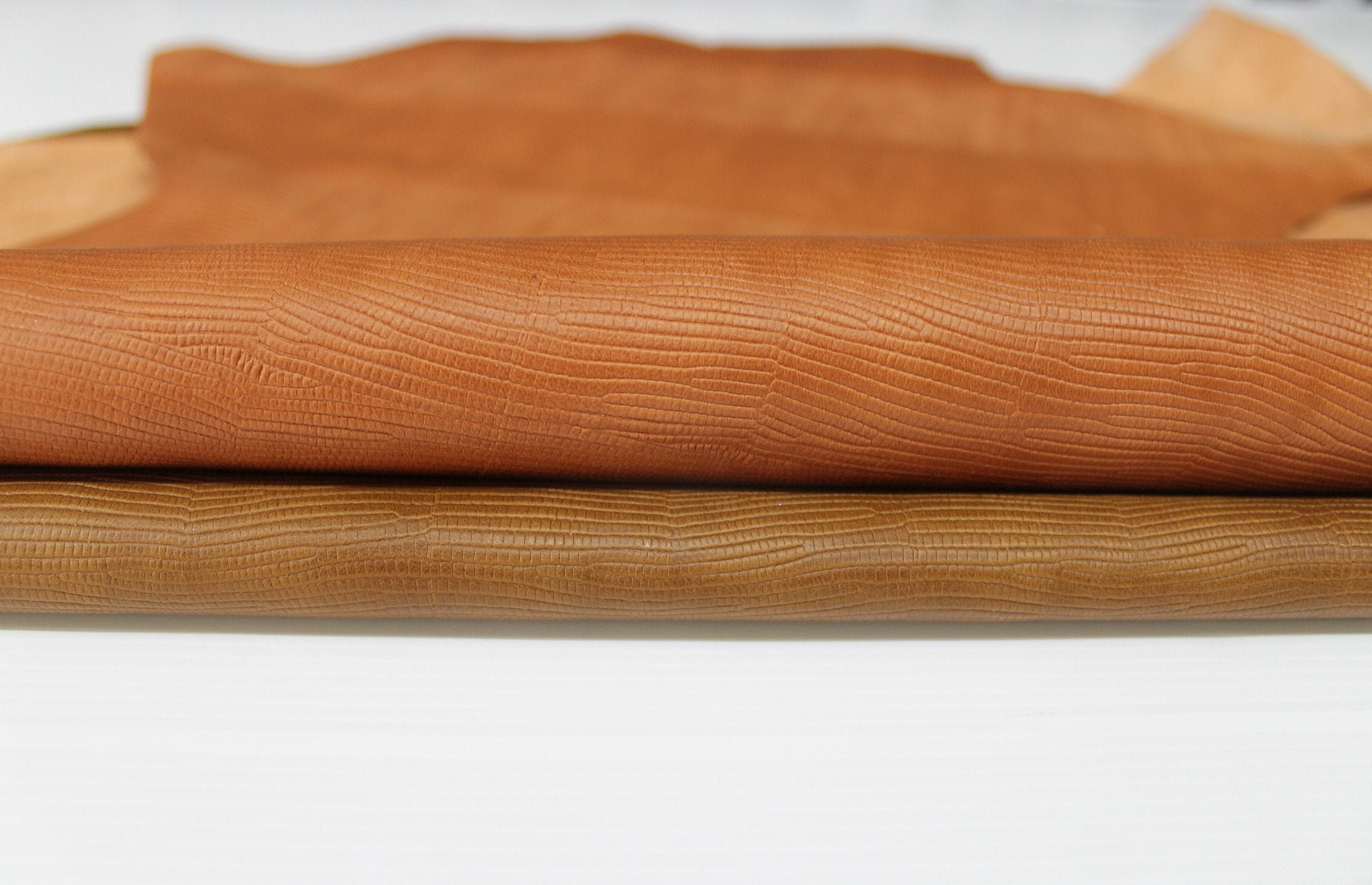 TAN & CAMEL REPTILE embossed textured vegetable tan Italian Calfskin ...