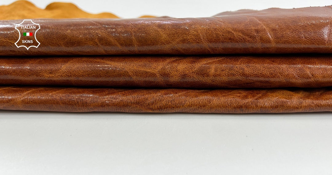 COGNAC BROWN SHINY Rustic Antiqued Vintage Look Thick Italian Goatskin ...