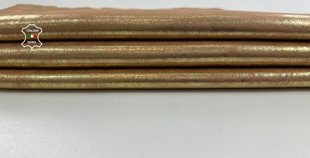 METALLIC GOLD SHIMMER Lame on Tan Thin Soft Italian Lambskin Sheep Lamb ...