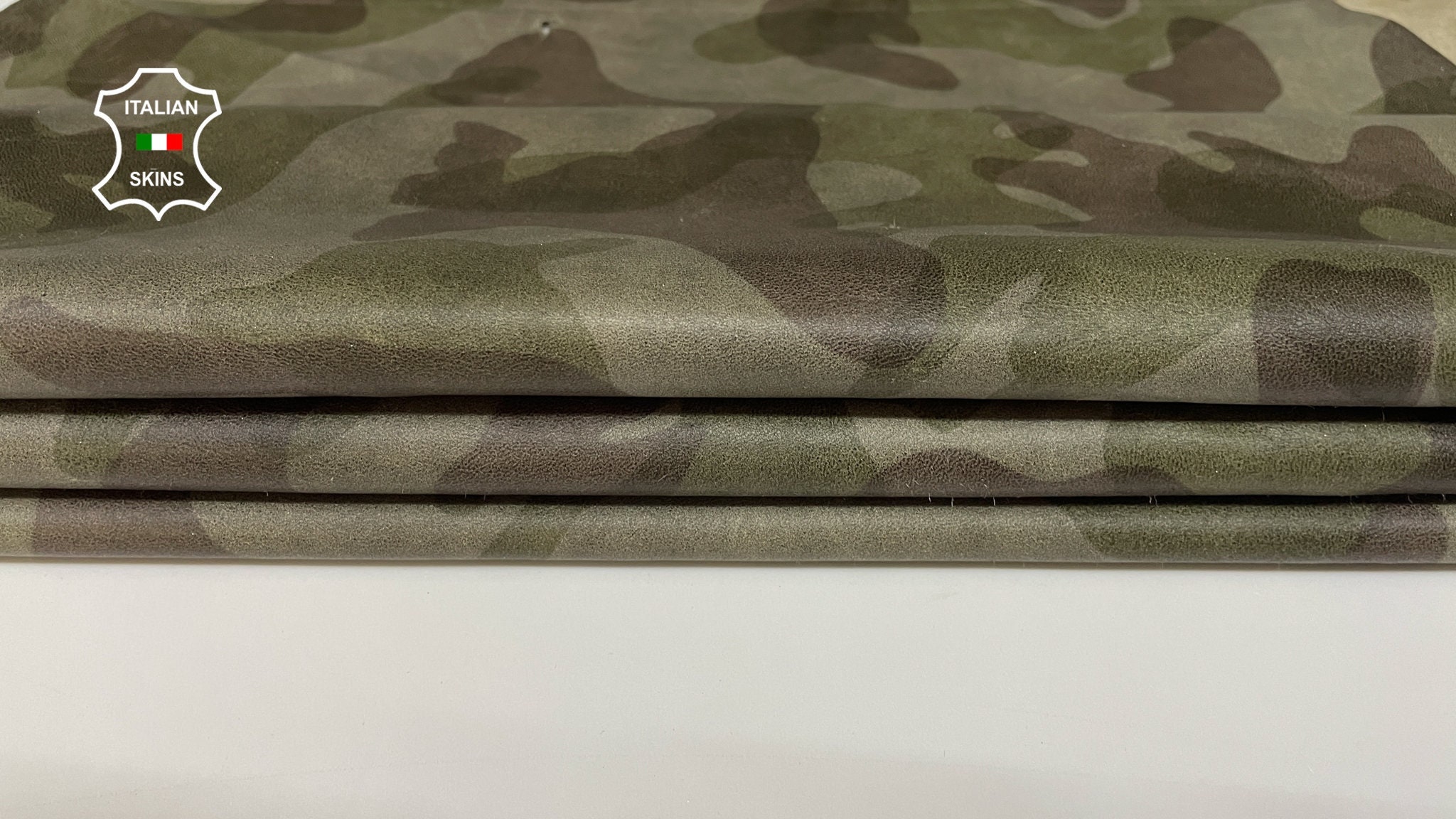 OLIVE GREEN CAMO Army Camouflage Print Soft Italian Lambskin Lamb Sheep ...