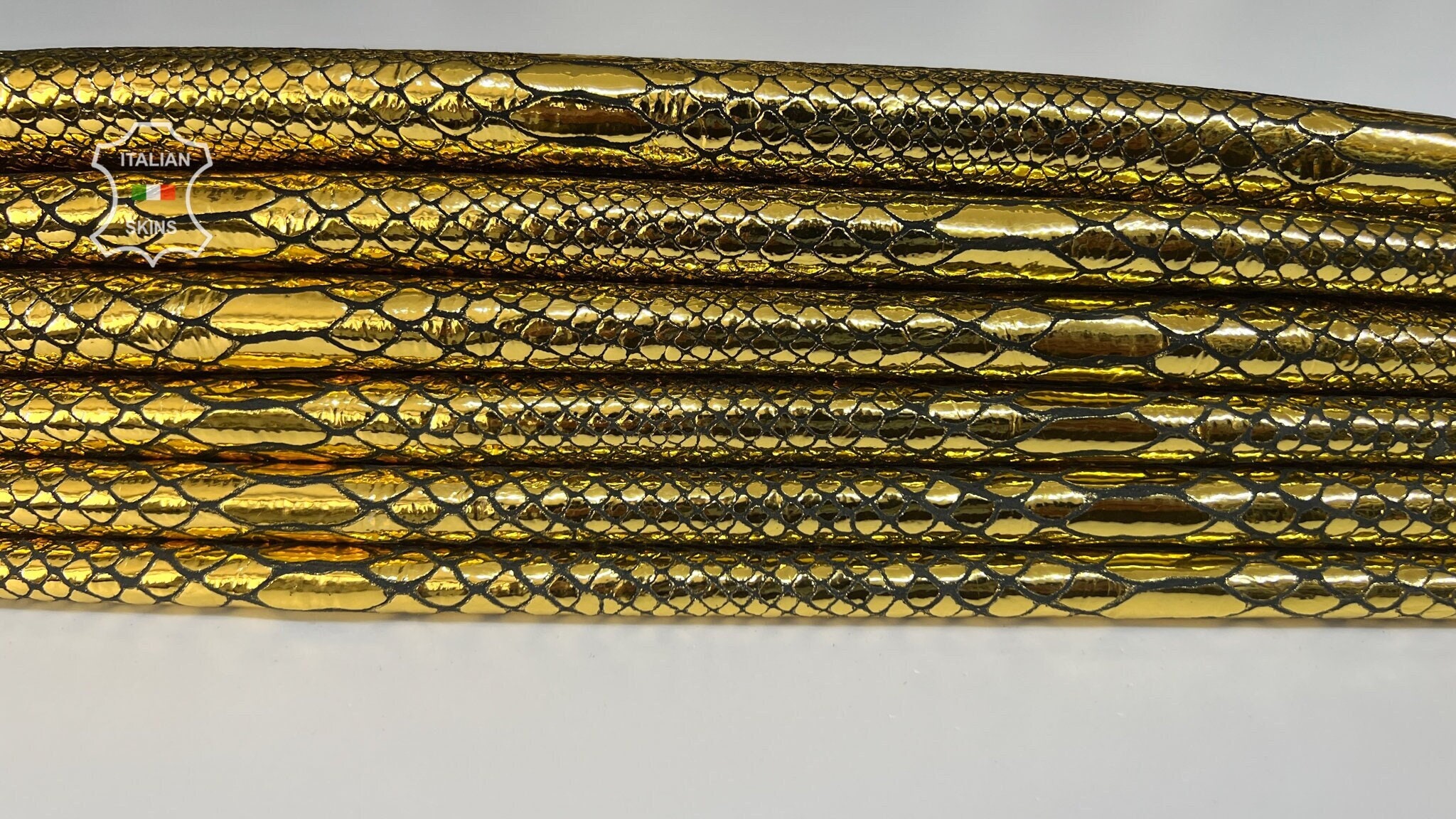 METALLIC GOLD SNAKE Textured Print On Black Soft Italian Lambskin Lamb ...