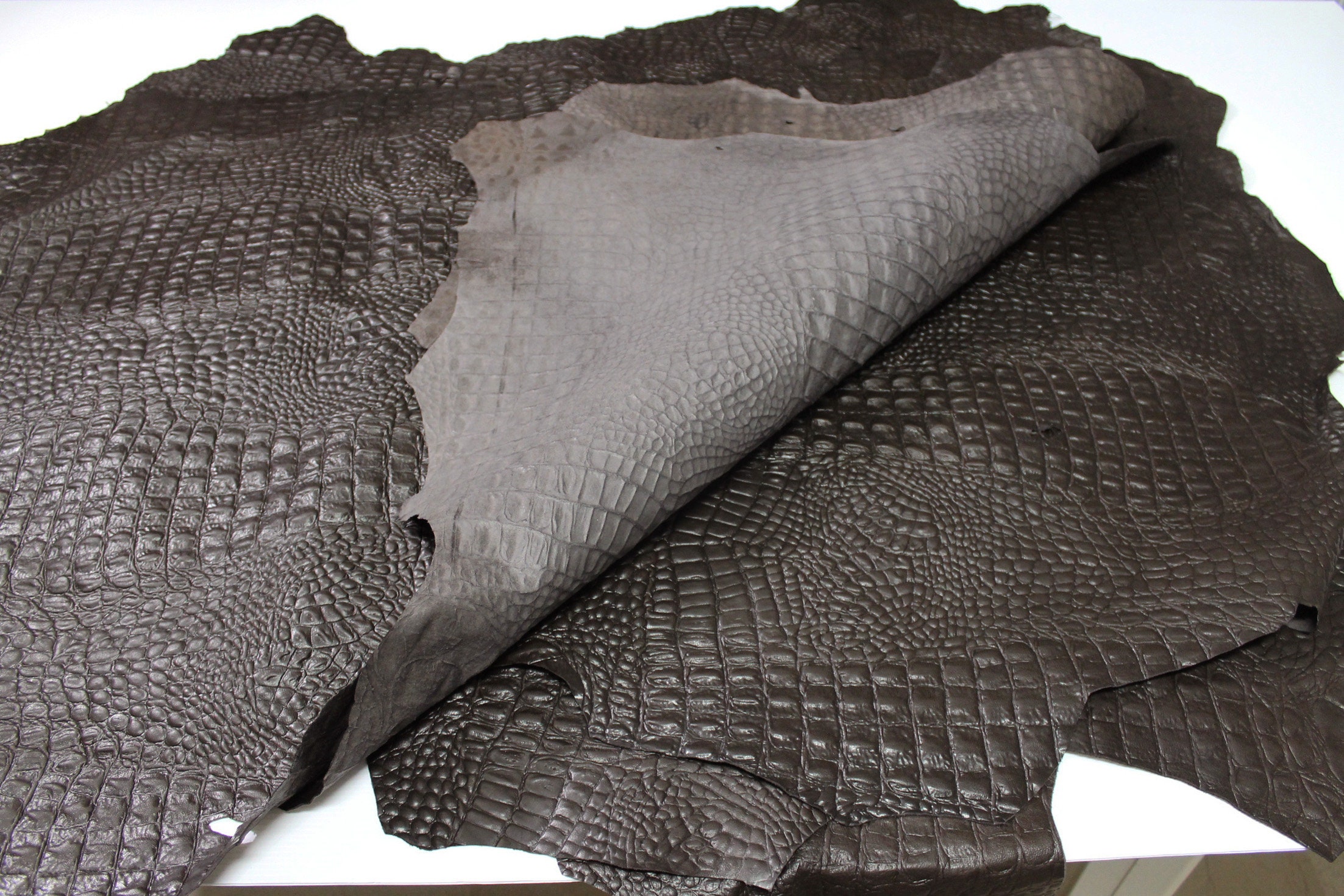 DARK BROWN CROCODILE Alligator Italian Lambskin Lamb Sheep leather ...