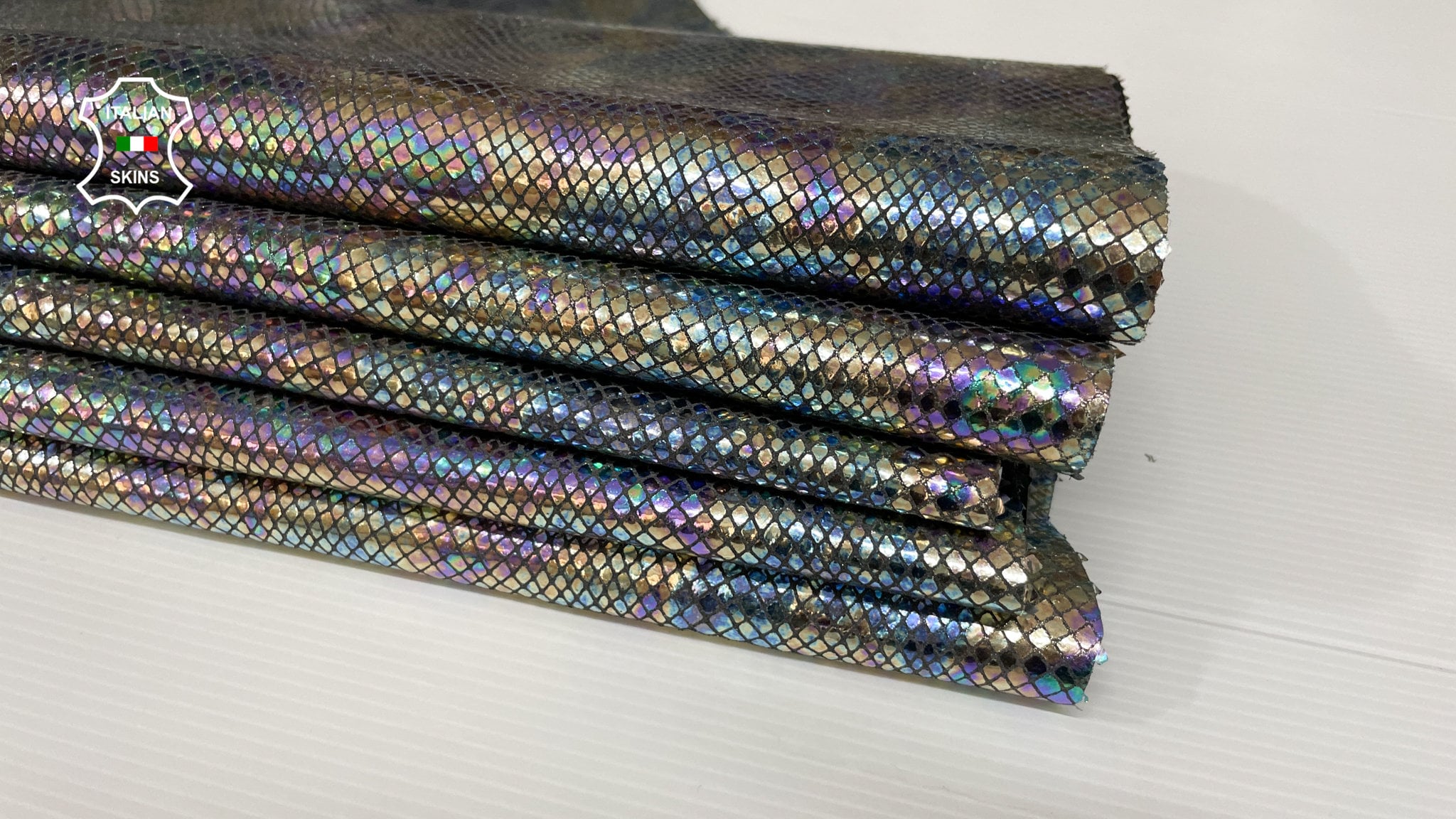 GASOLINE METALLIC SNAKE print on holographic Italian Calfskin Calf Cow ...