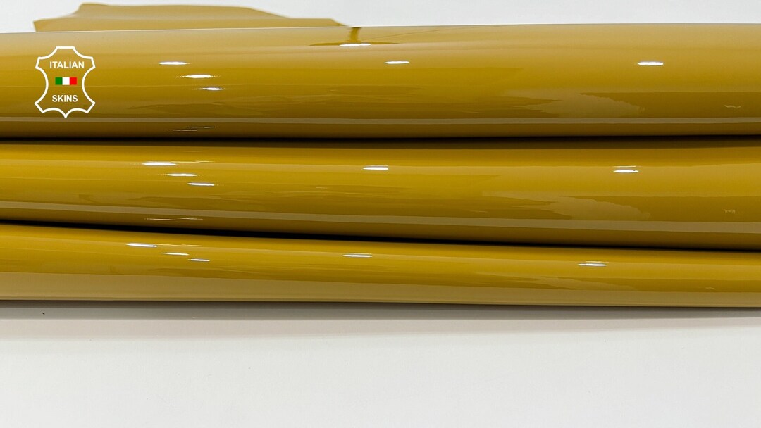 PATENT MUSTARD SHINY Glossy Thick Italian Calfskin Calf Cow Leather ...