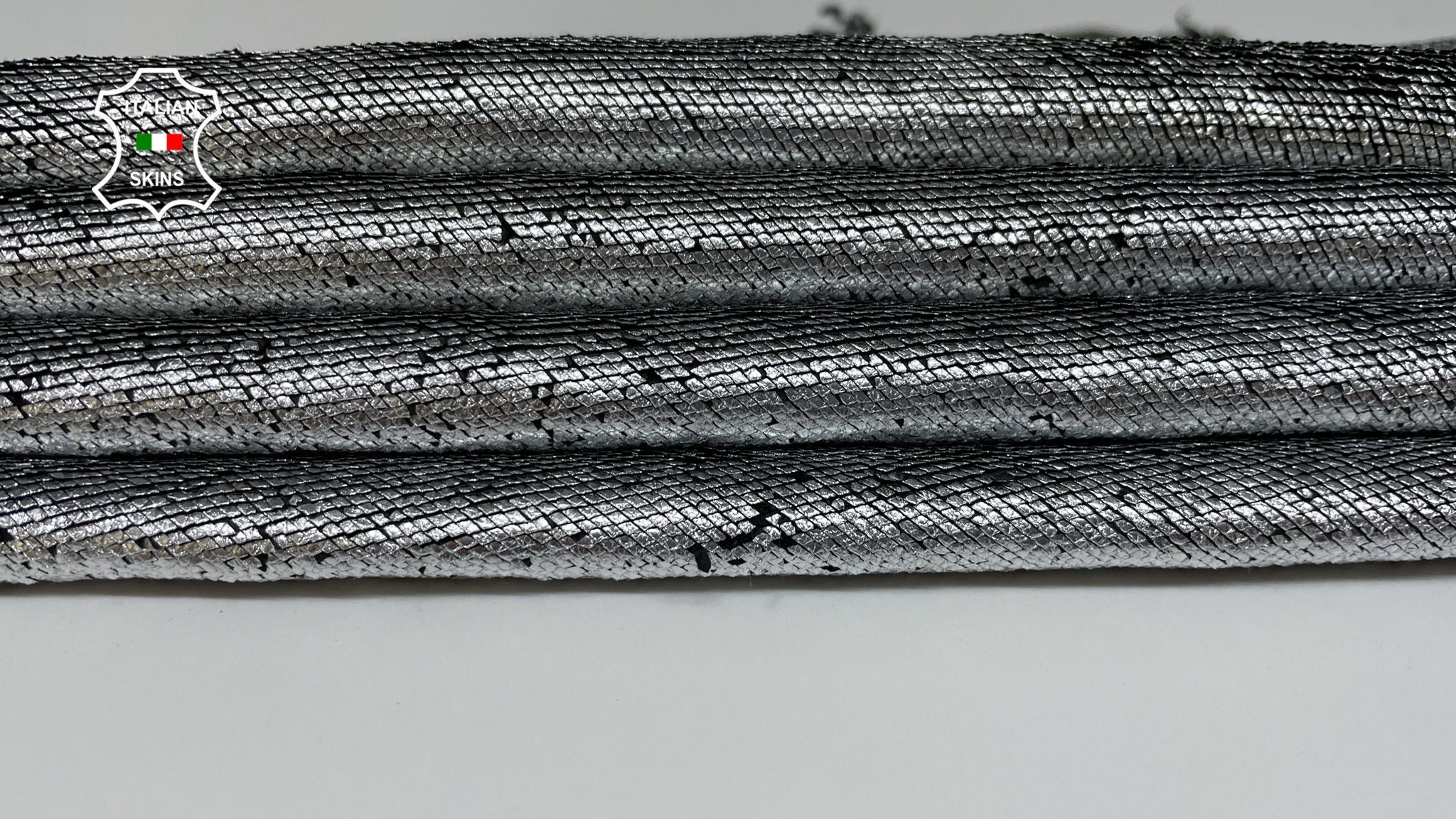 METALLIC SILVER SNAKE Scales Print Textured On Black Soft Italian ...