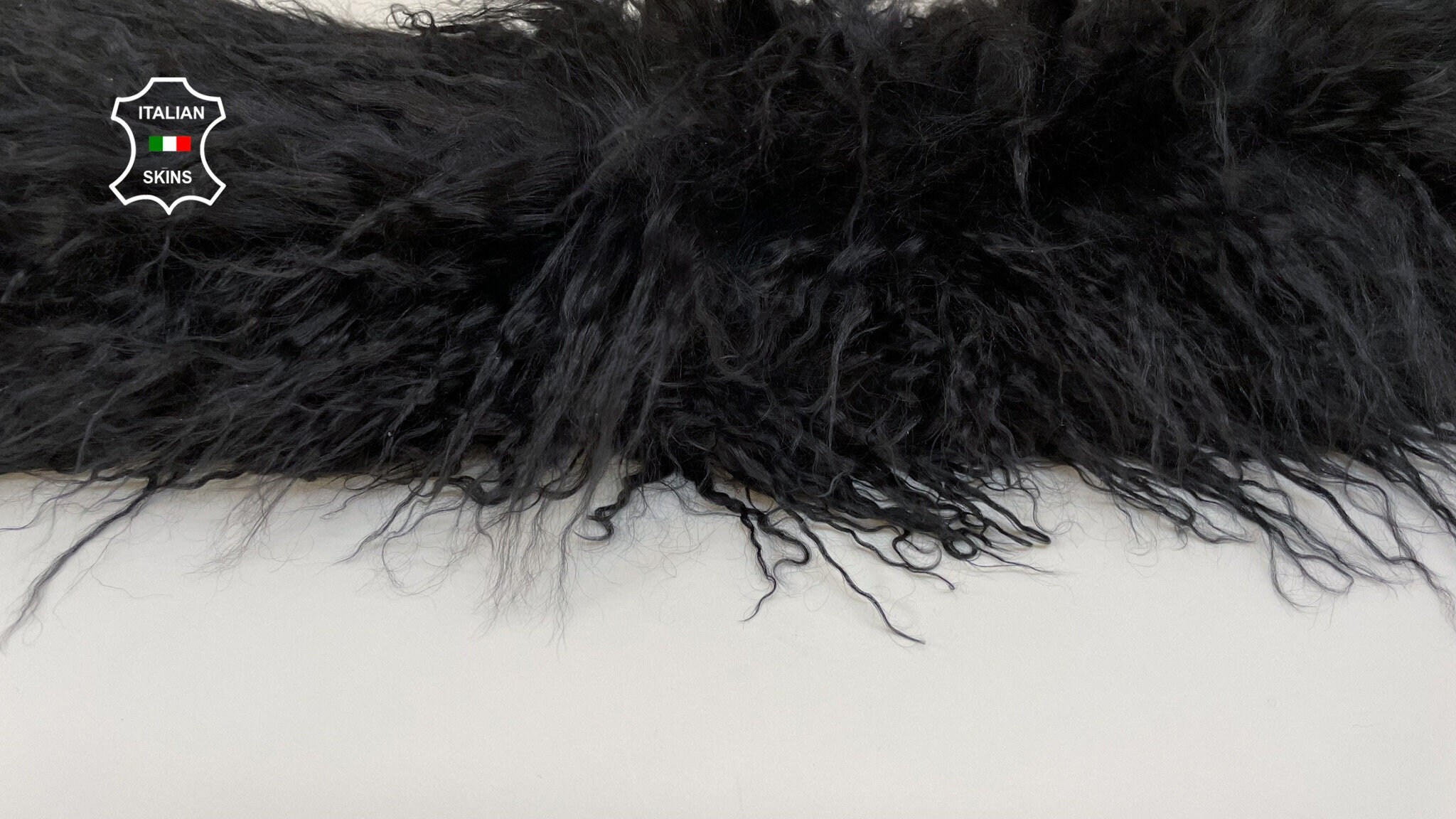 BLACK soft sheepskin shearling fur hairy sheep one side usable Italian ...
