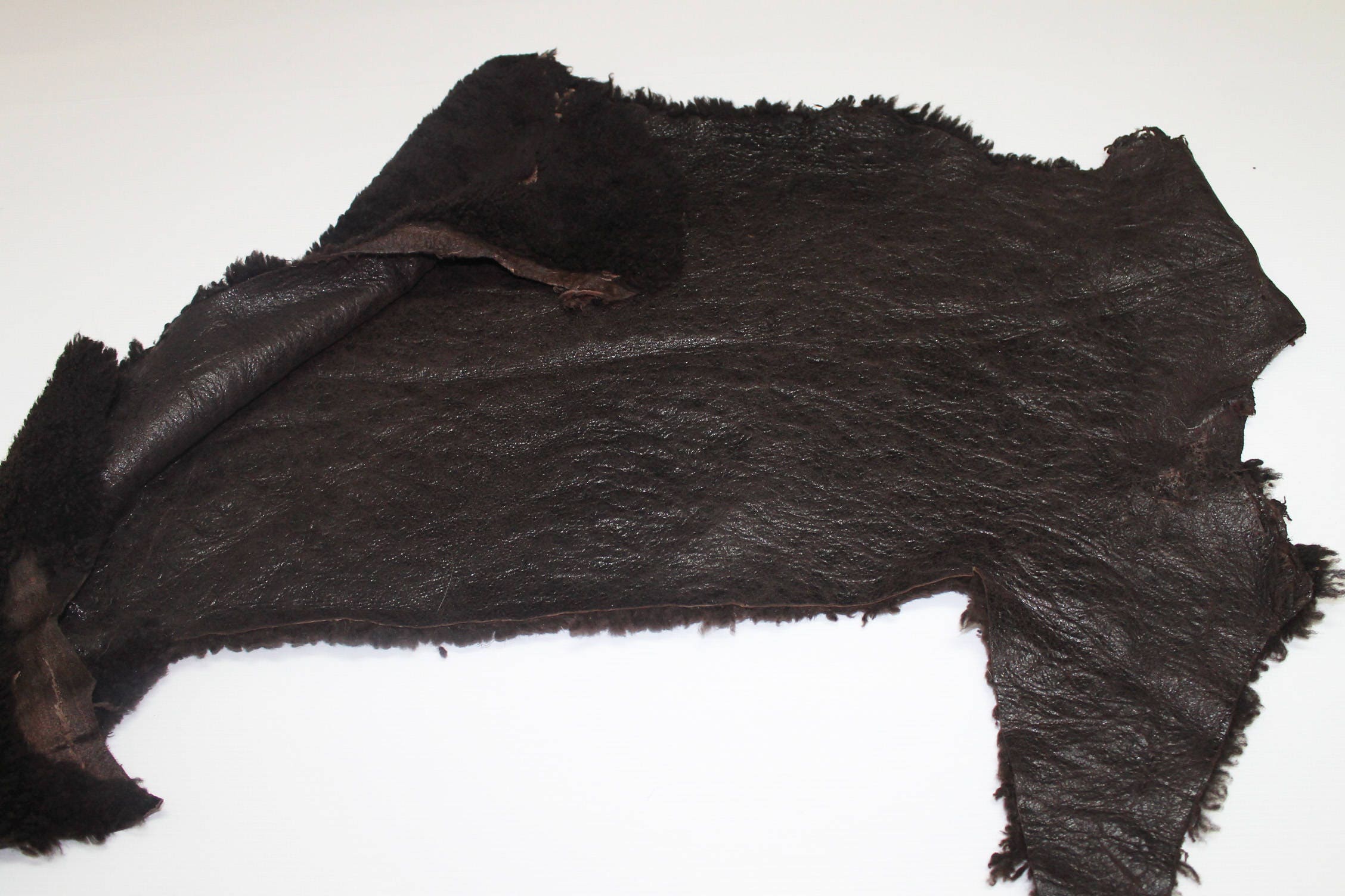 Dark Brown sheepskin hair on shearling fur sheep Italian leather skin ...