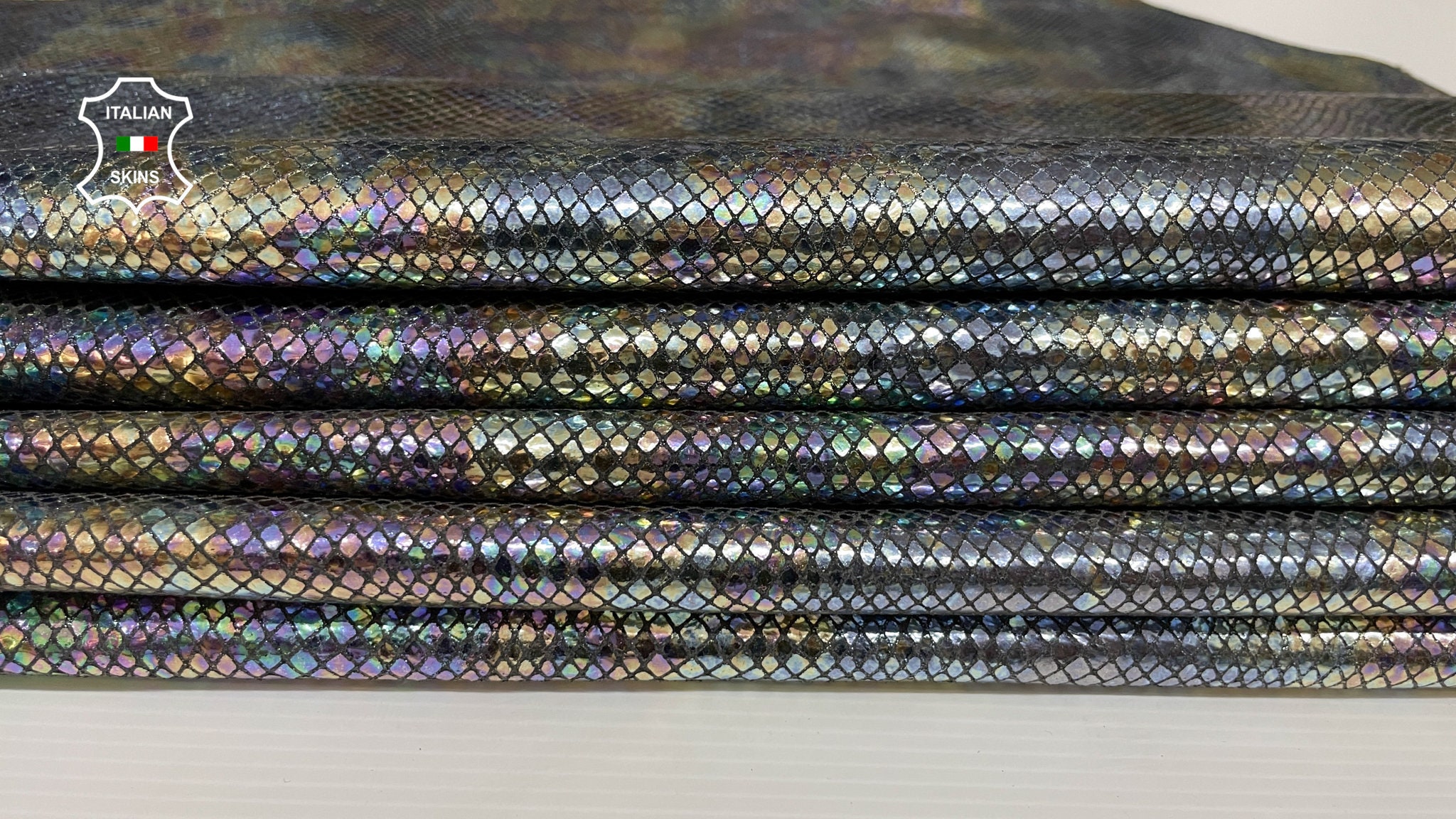 GASOLINE METALLIC SNAKE print on holographic Italian Calfskin Calf Cow ...
