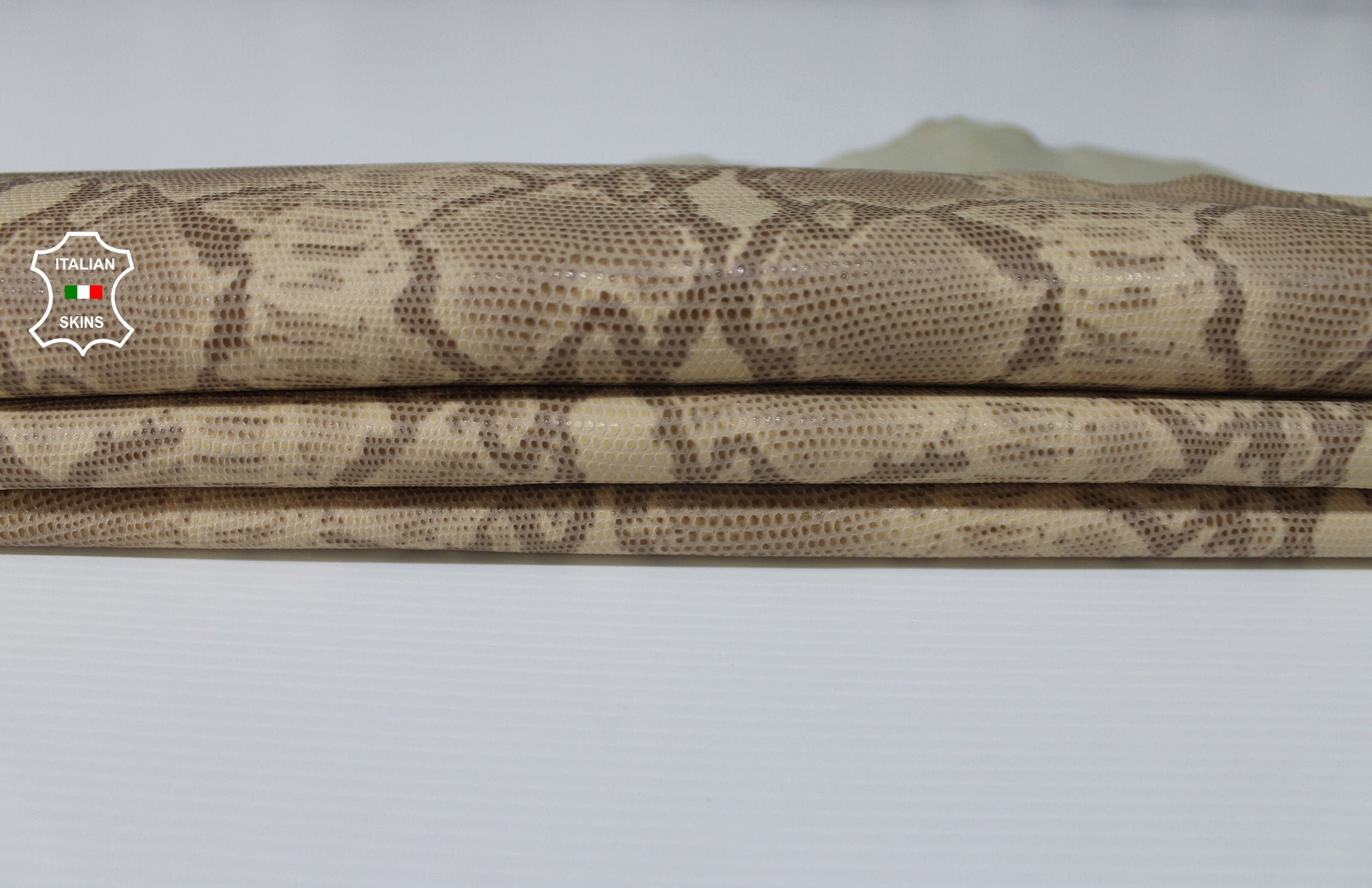 BEIGE PYTHON SNAKE reptile print textured Lambskin Lamb Sheep leather ...
