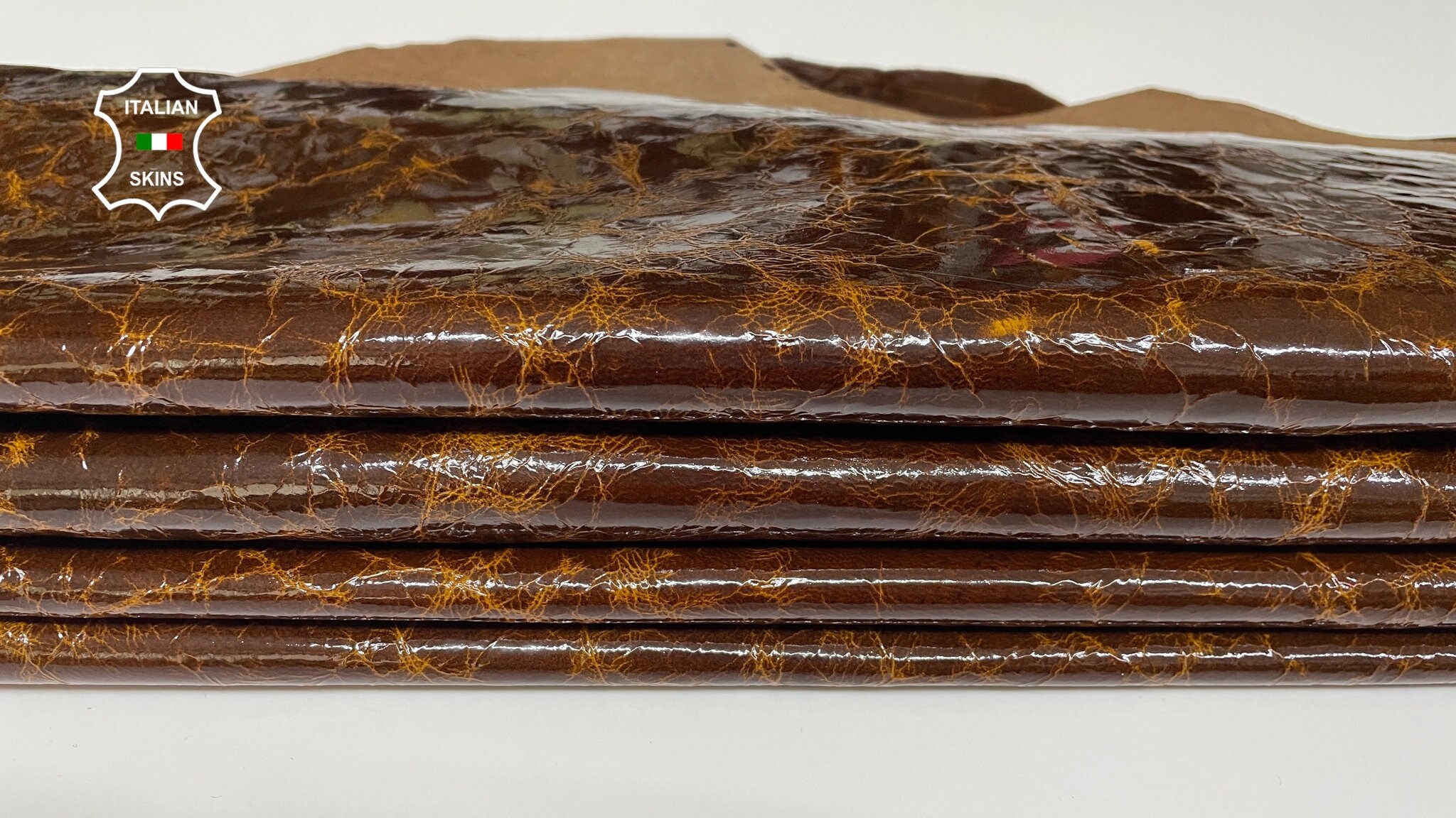 BROWN PATENT CRINKLED Shiny Vintage Look Italian Goatskin Goat Leather ...