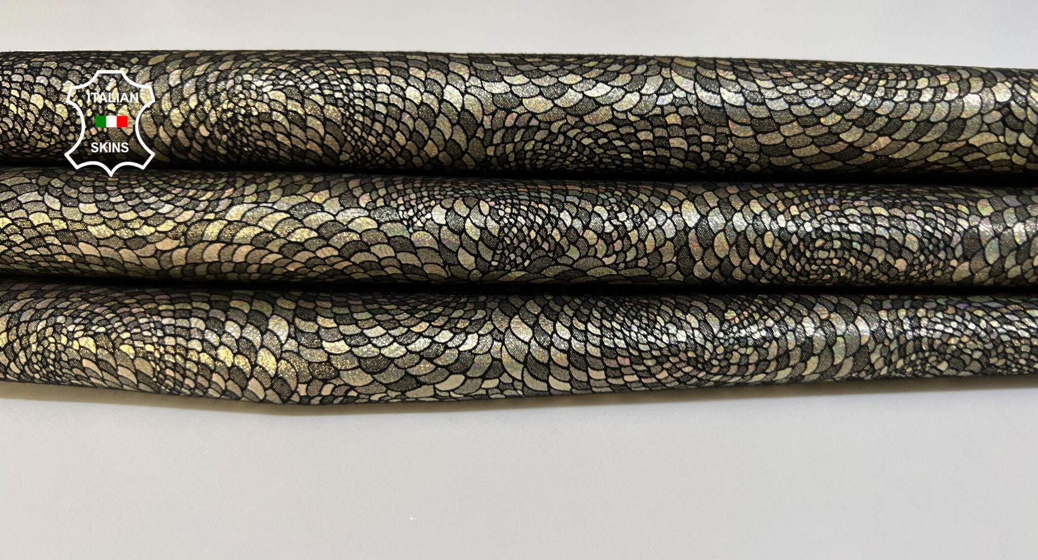 METALLIC OLD GOLD Eye Attraction Print On Black Soft Italian Goatskin ...
