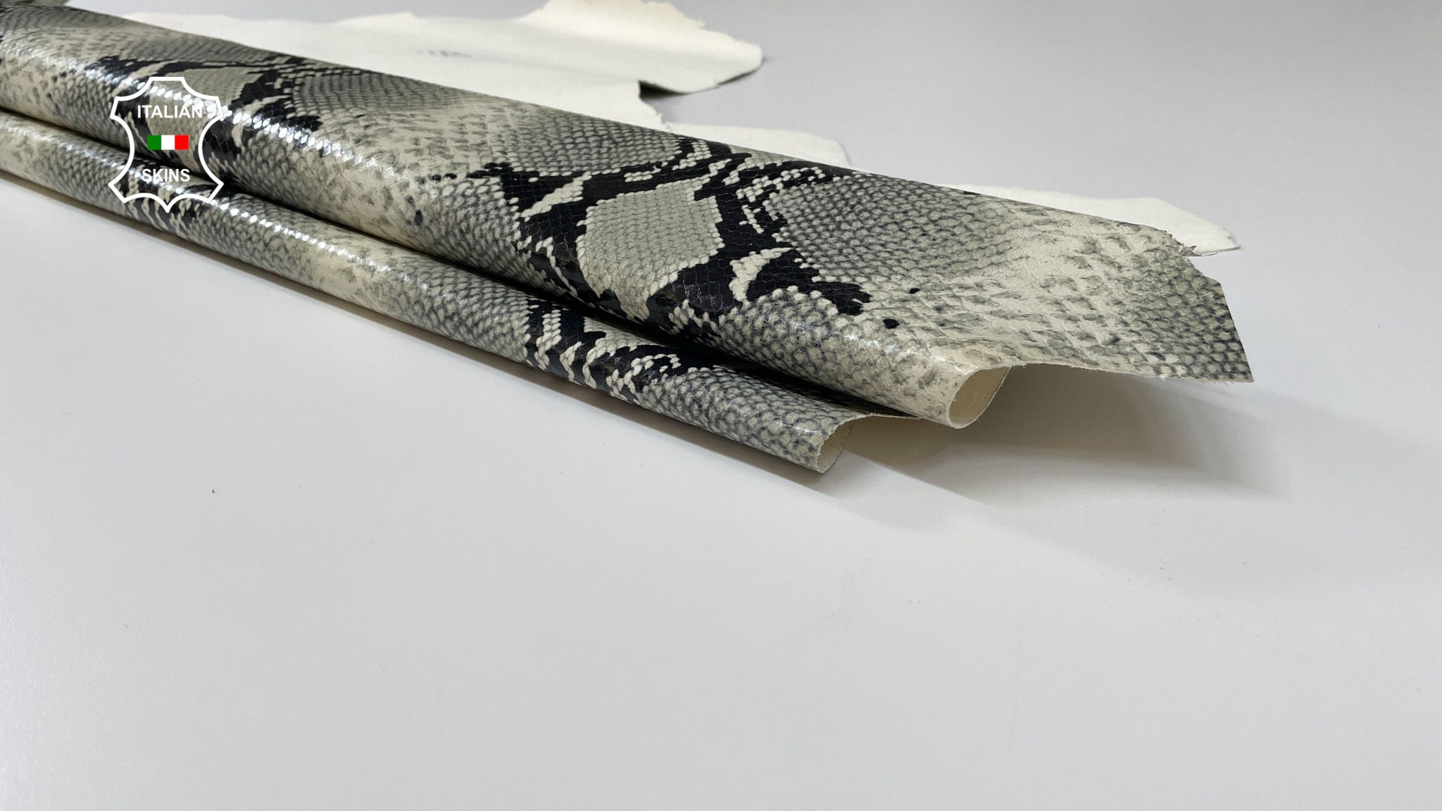 GRAY PYTHON SNAKE Print on Italian Calfskin Calf Cow Leather hide hides ...