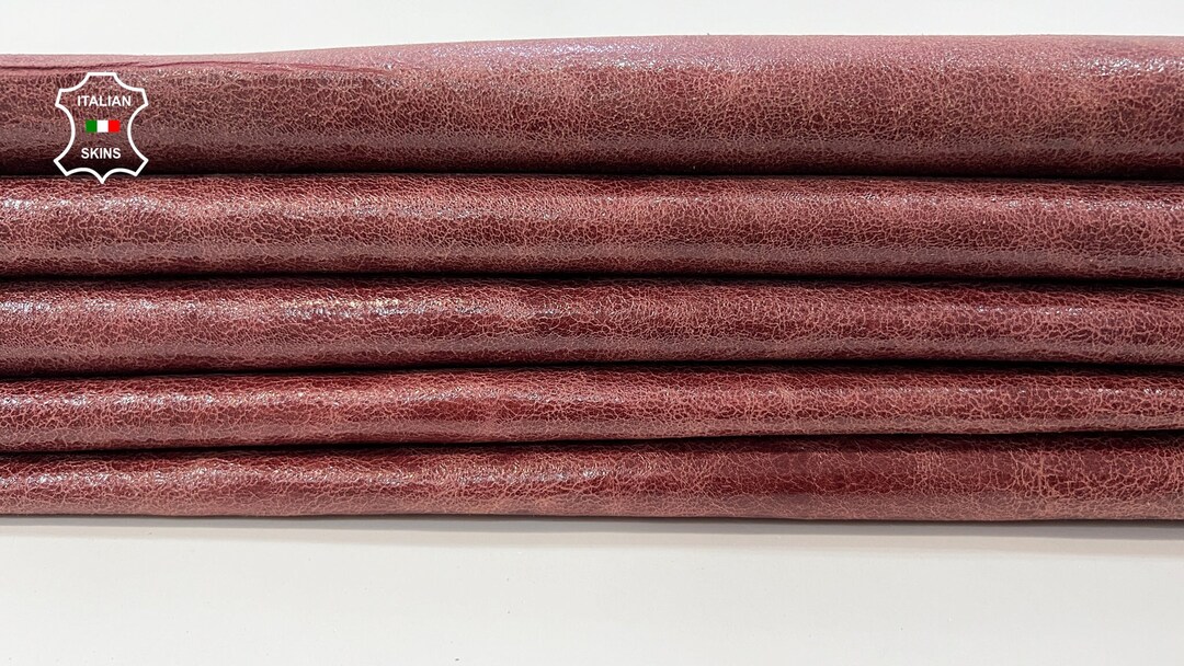 MAROON BURGUNDY CRACKED Vintage Look Shiny Italian Goat Leather Pack 2 ...