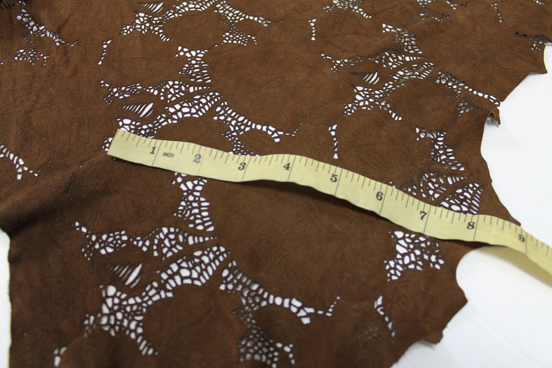 BROWN SUEDE FLOWERS Laser engrave thin soft Italian genuine lambskin ...