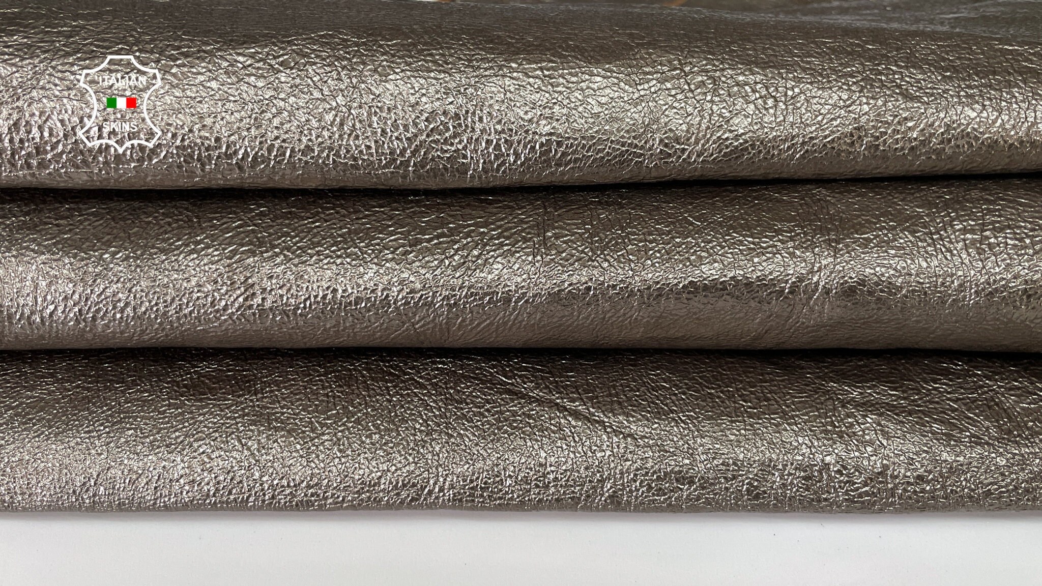 METALLIC PEWTER CRISPY thick strong Italian goatskin goat leather skin ...