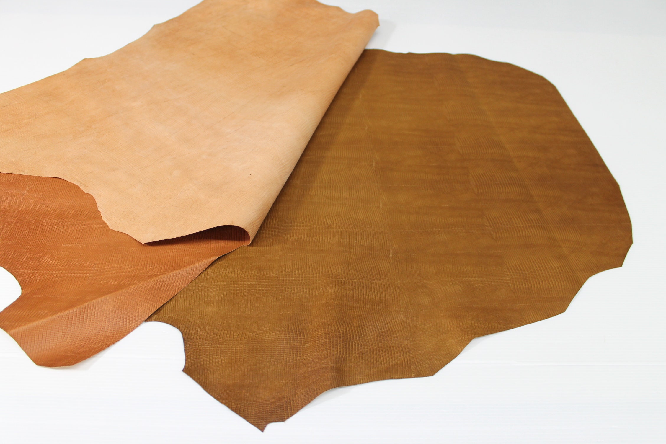 TAN & CAMEL REPTILE embossed textured vegetable tan Italian Calfskin ...