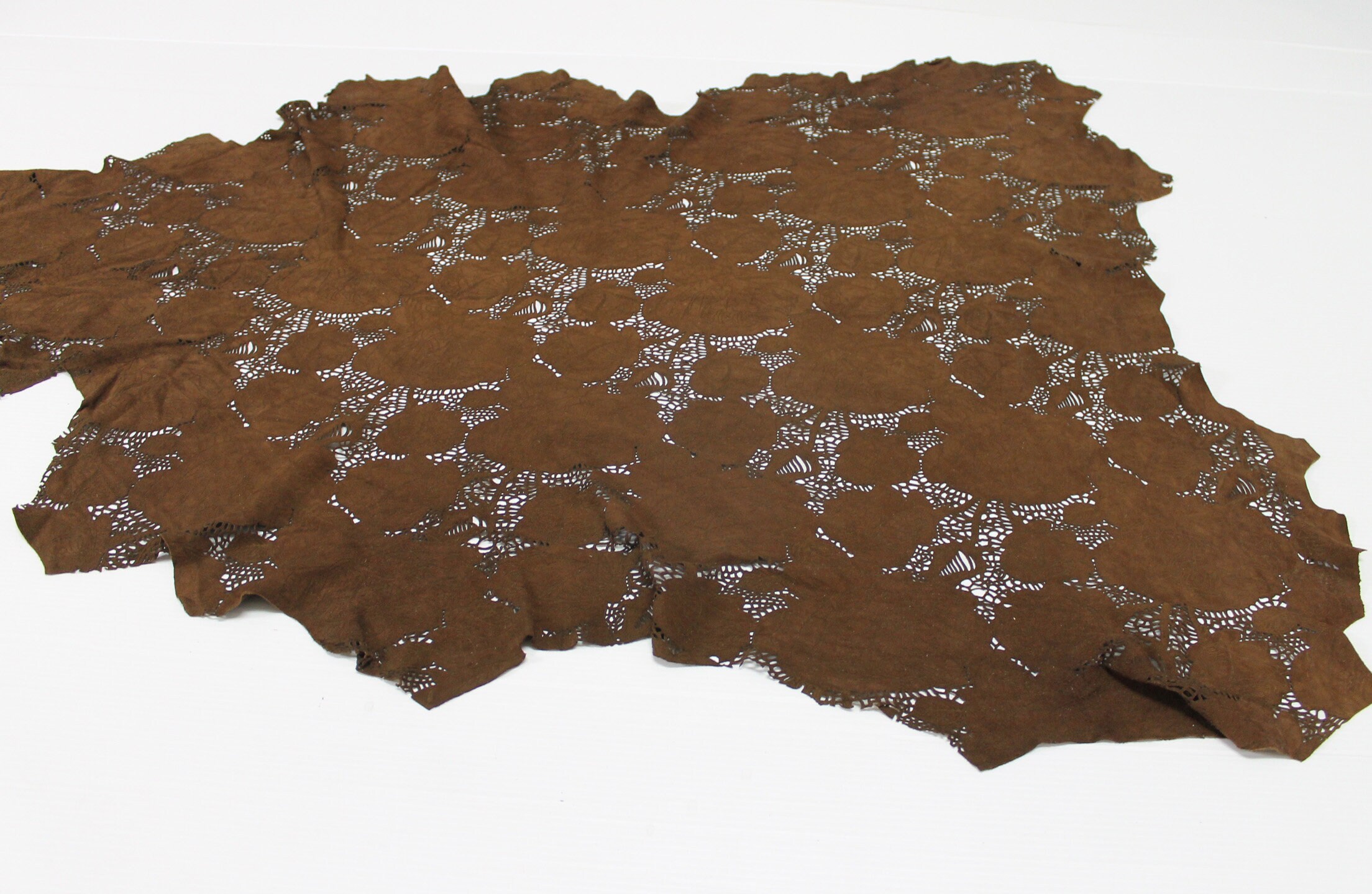BROWN SUEDE FLOWERS Laser engrave thin soft Italian genuine lambskin ...
