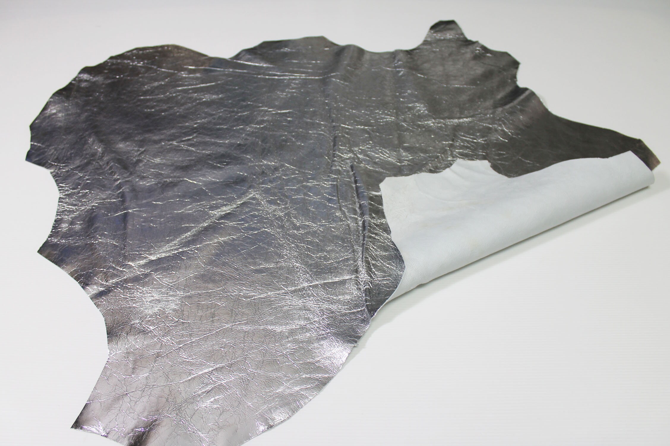 METALLIC SILVER crinkle crinkled rough Italian Lambskin leather ...
