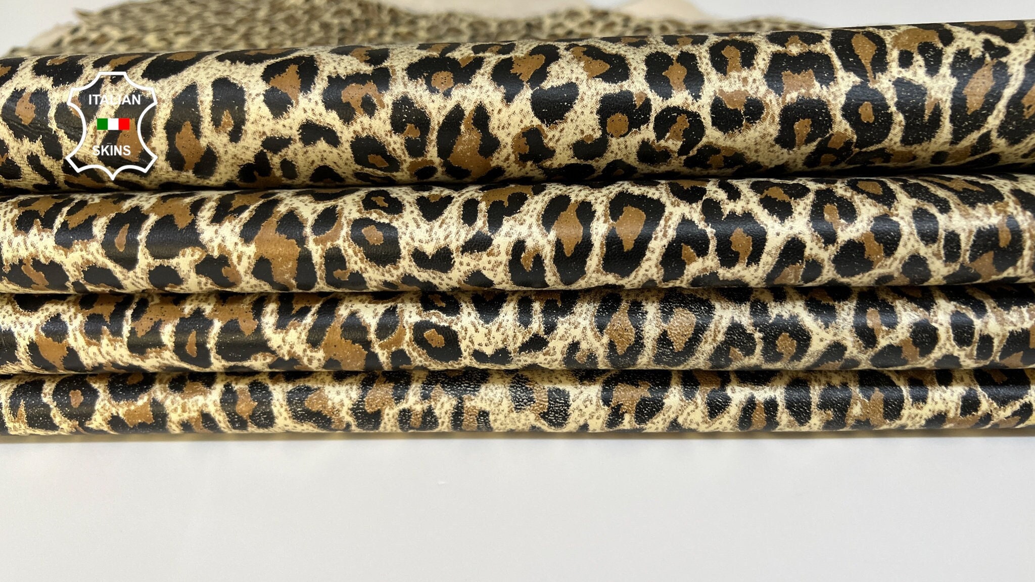 LEOPARD PRINT On BEIGE Italian Lambskin Lamb Sheep Leather pack 2 hides ...