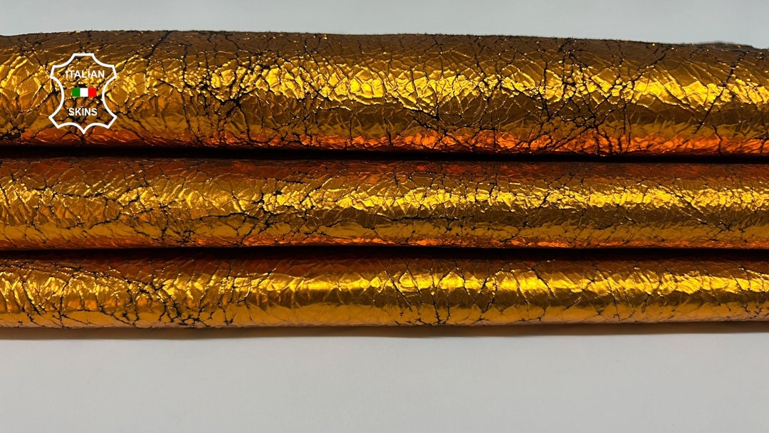 METALLIC ORANGE CRACKLED Cracked Vintage Look Thin Italian Goatskin ...