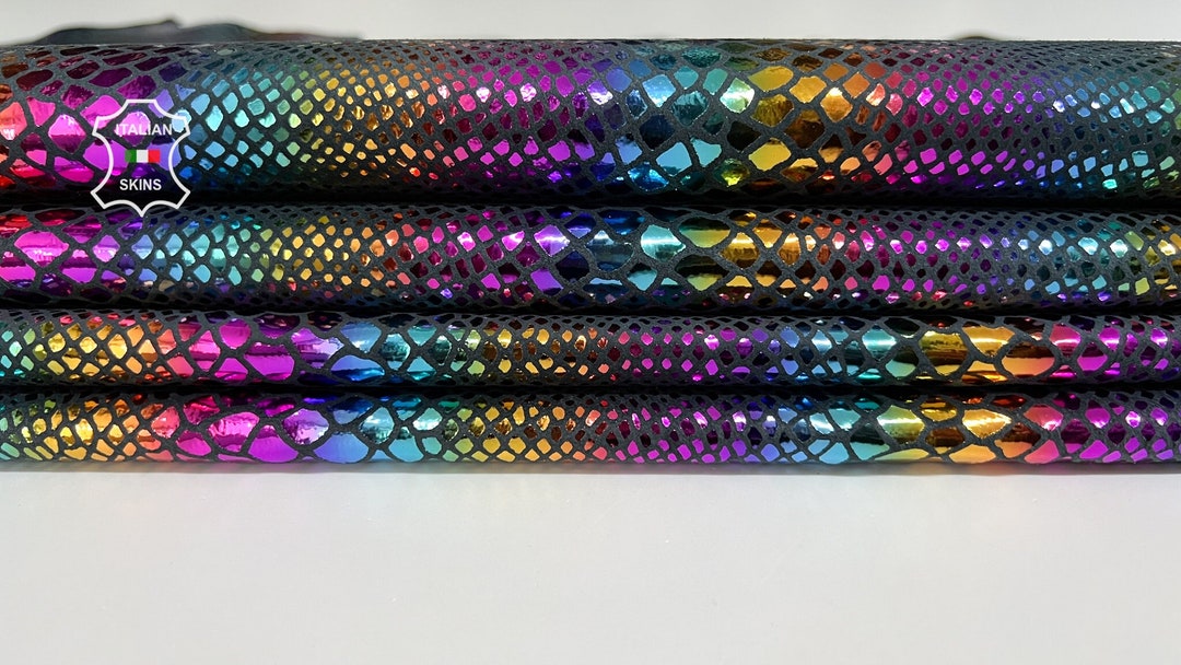 METALLIC RAINBOW MULTICOLORS Snake Print on Black Soft Italian Lambskin ...