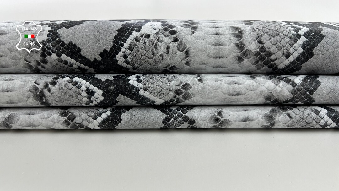 GREY PYTHON SNAKE Print on off White Italian Goatskin Goat Leather Hide ...