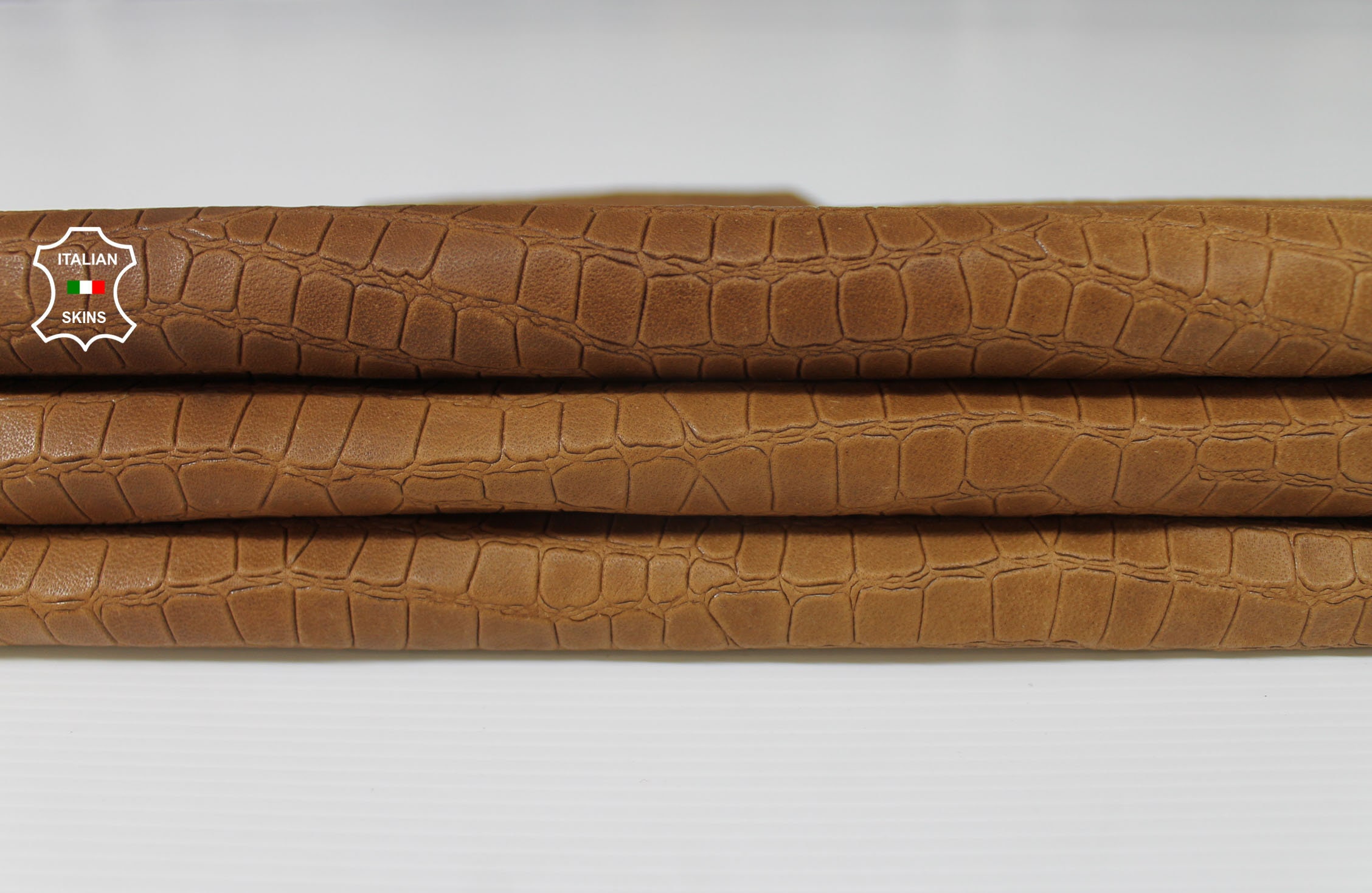 NATURAL TAN BROWN Crocodile embossed textured vegetable tanned Italian ...